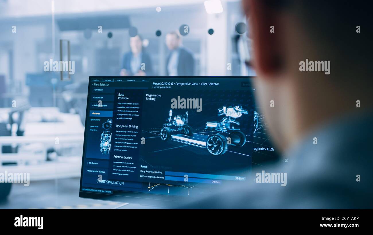 Professional Engineer Works on a Computer with a 3D CAD Software and ...