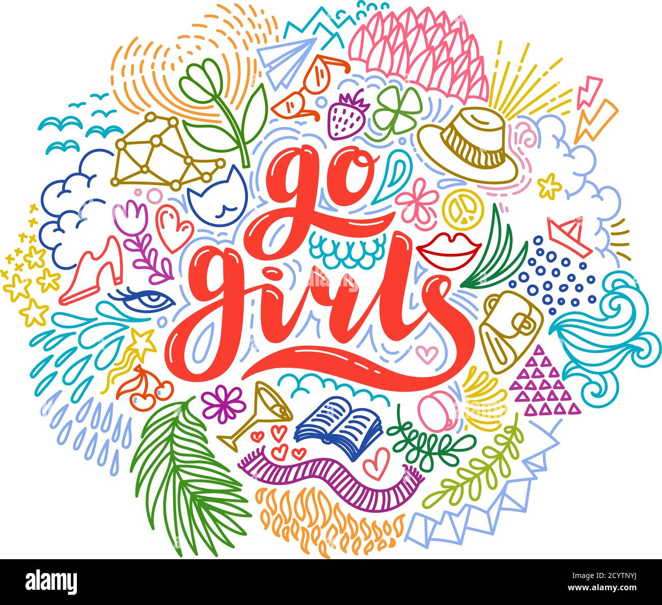 Go girls handrawn lettering with colorful flowers. Girl power. Feminism ...