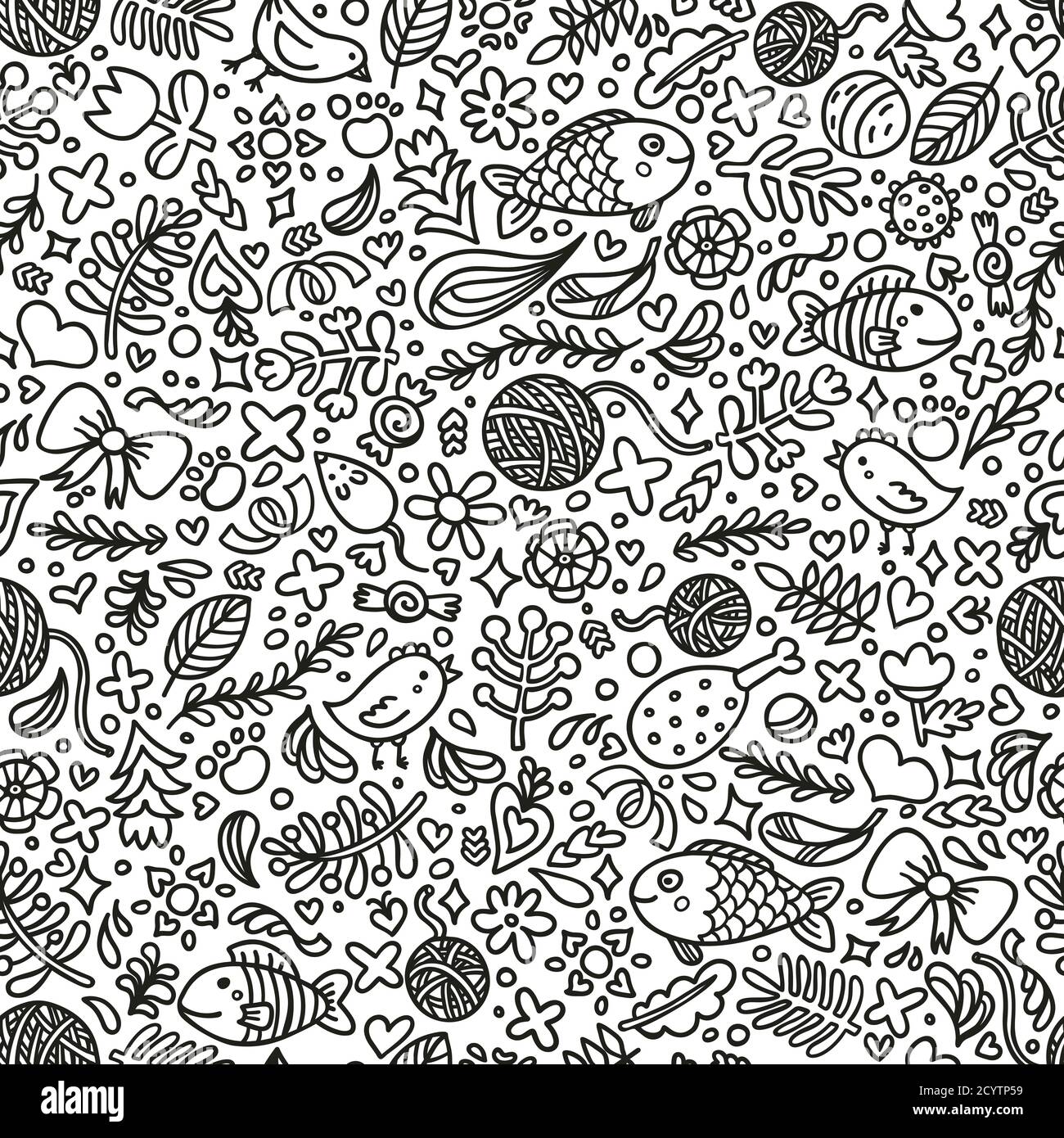 Seamless hand drawn cat dreams pattern. Coloring page. Hand-drawn ...