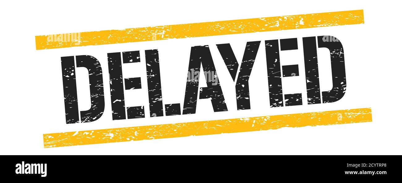 DELAYED text on black yellow grungy lines stamp sign Stock Photo - Alamy