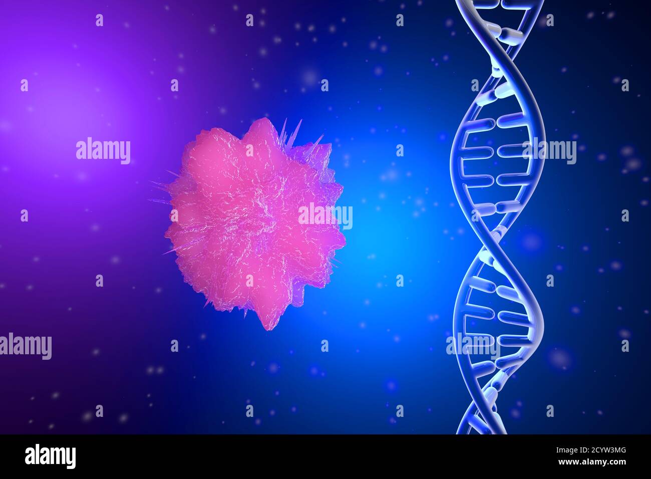 3D Illustration of a mutating stem cell with a DNA strand which defines ...