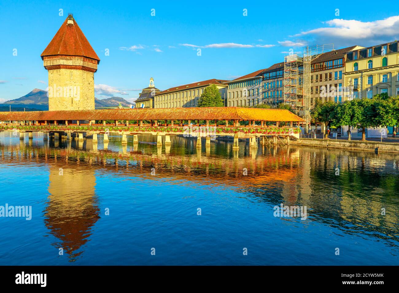 Sunset cityscape of Lucerne on Lake Lucerne, Switzerland. Historic ...