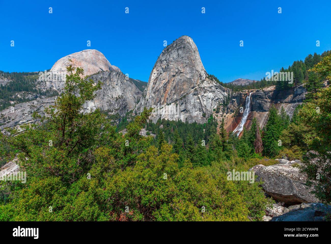 Panorama of Half Dome, Mt Broderick, and Liberty Cap with Nevada Fall ...