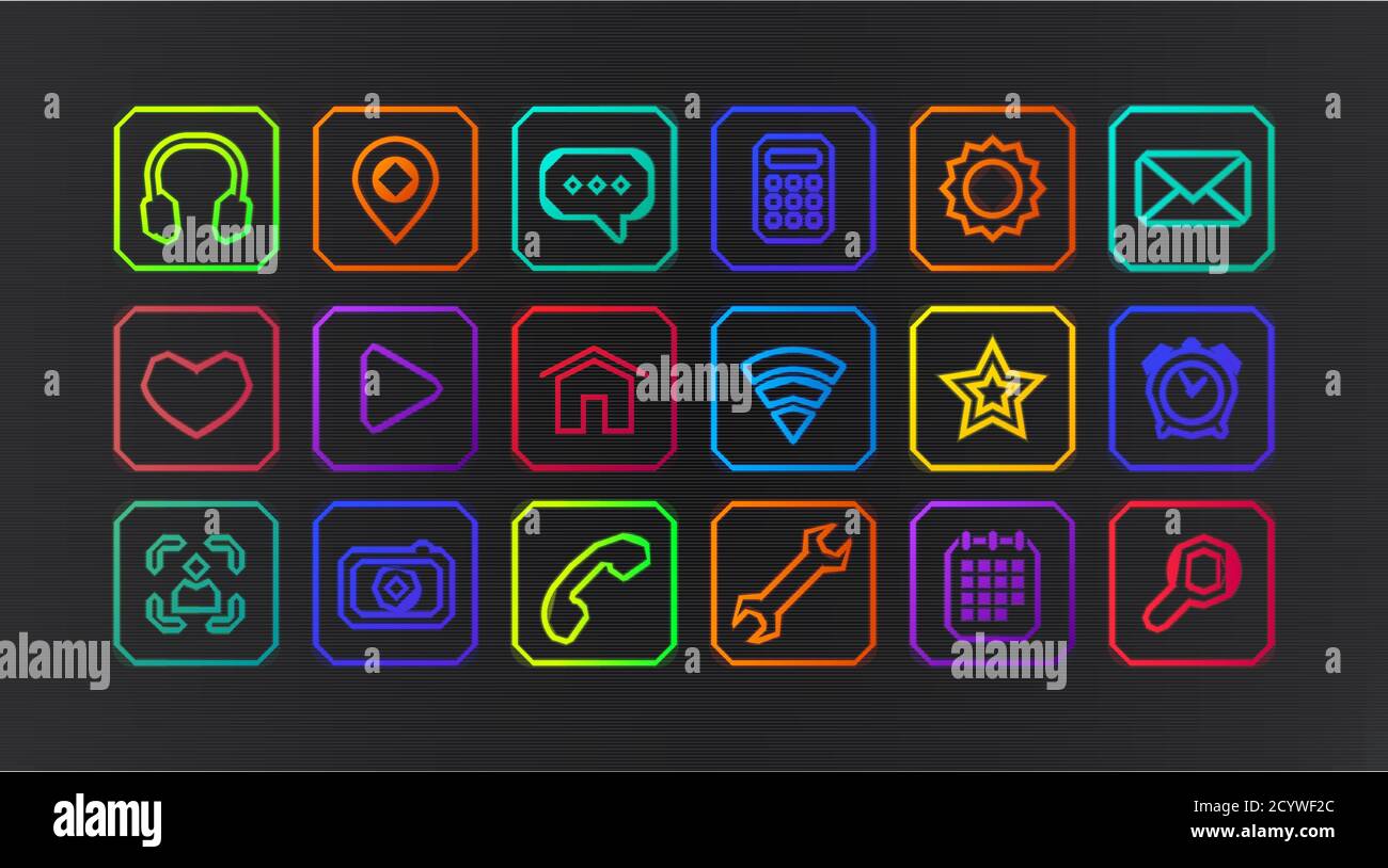 Vector technology icons and signs in modern neon style Stock Vector ...