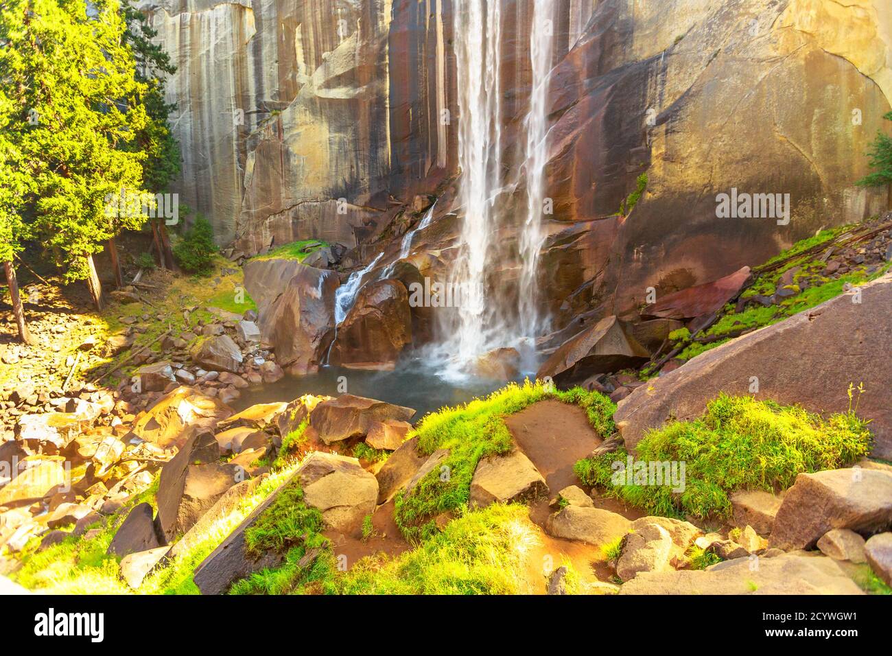 hiking in Yosemite National Park at Vernal Fall waterfall on Merced ...
