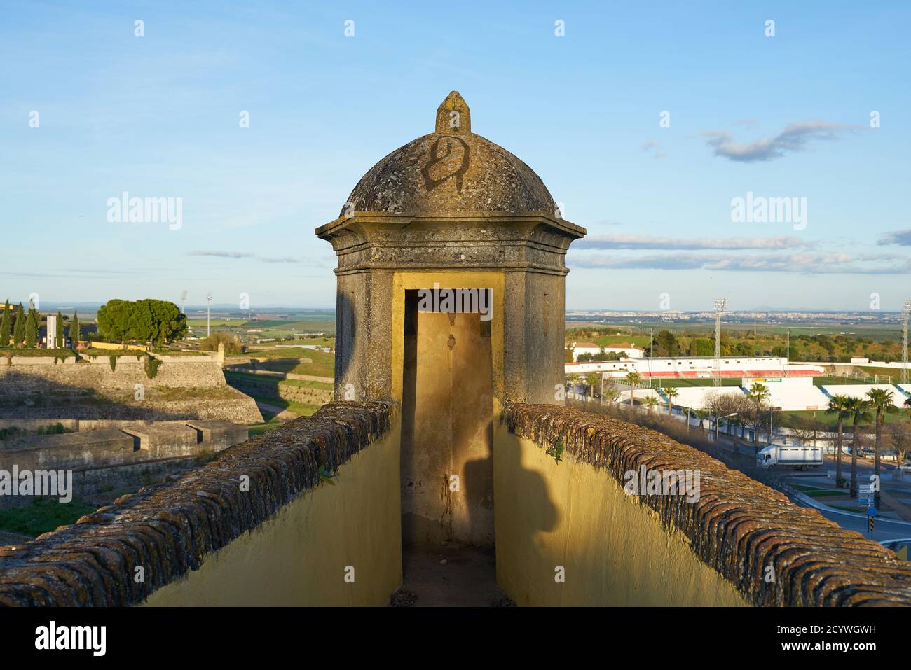 Elvas castle walls yellow tower in Alentejo, Portugal Stock Photo - Alamy
