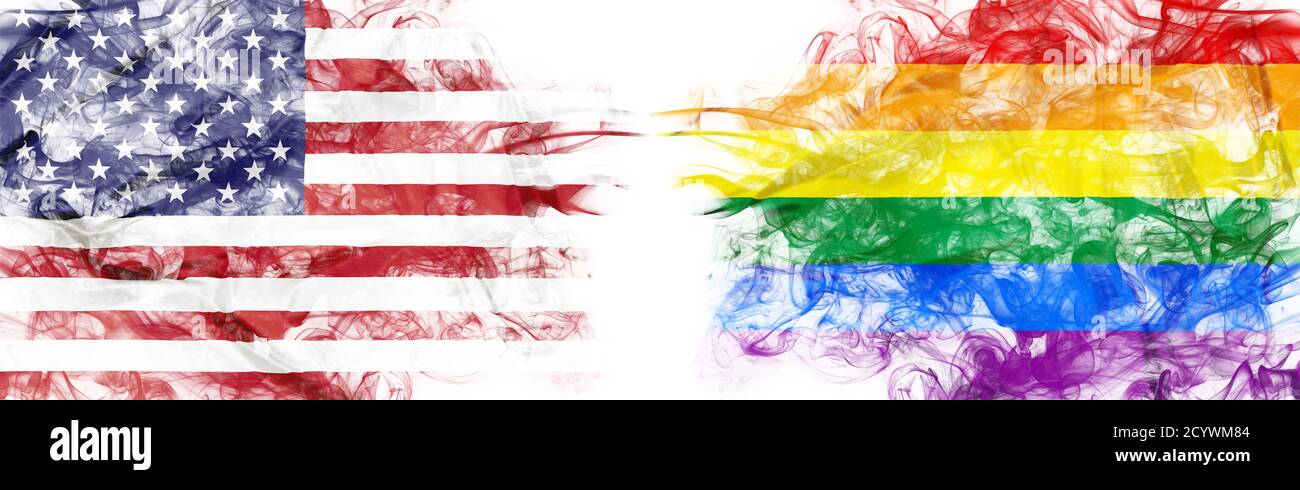 American flag and rainbow flag in smoke shape on white. Concept of ...