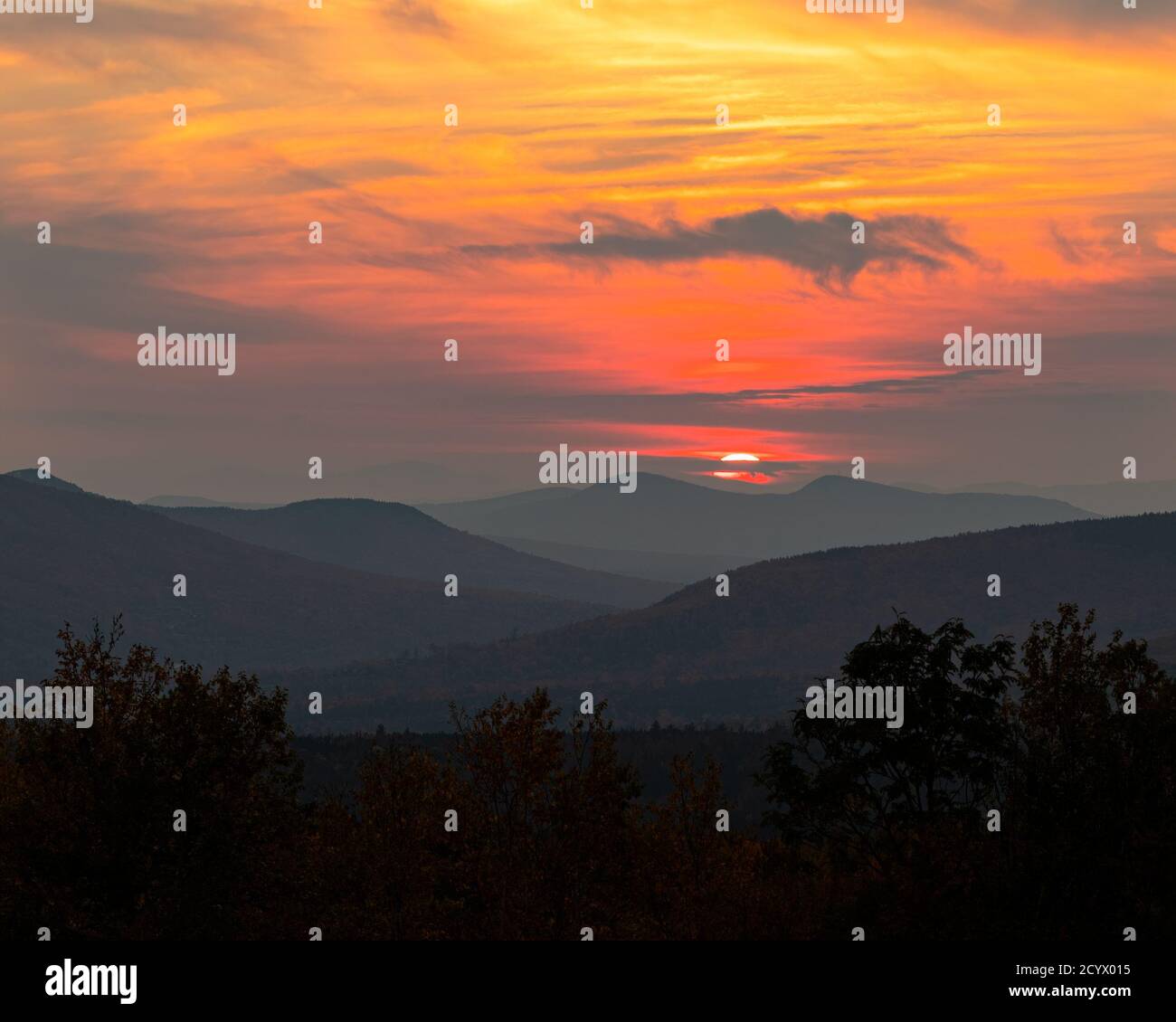 Sunset seen from the base of the Mount Washington Cog Railway in the ...