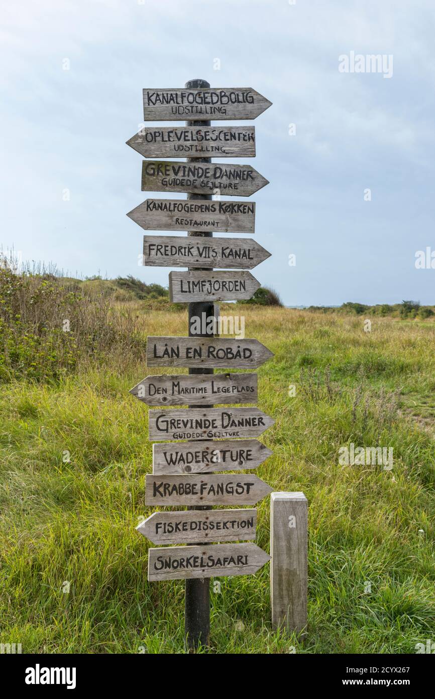 Signpost at the village of Løgstør at the Limfjord, Denmark Stock Photo ...