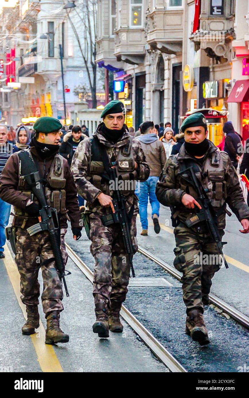 Military men with weapon on the Istiklal street. Istanbul, Turkey Stock ...