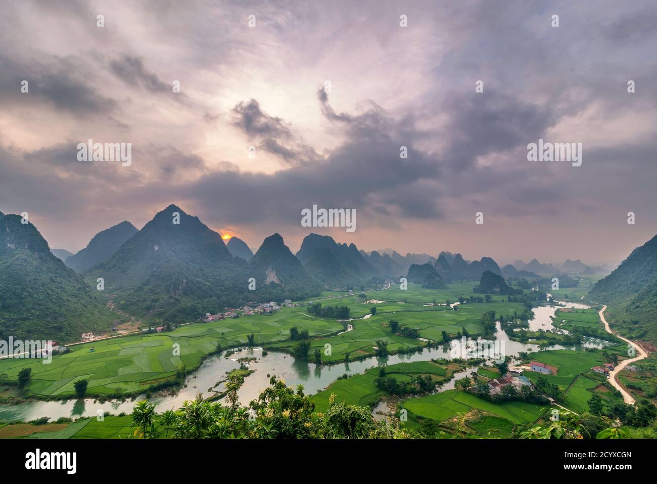 Beautiful step of rice terrace paddle field in sunset and dawn at Trung ...