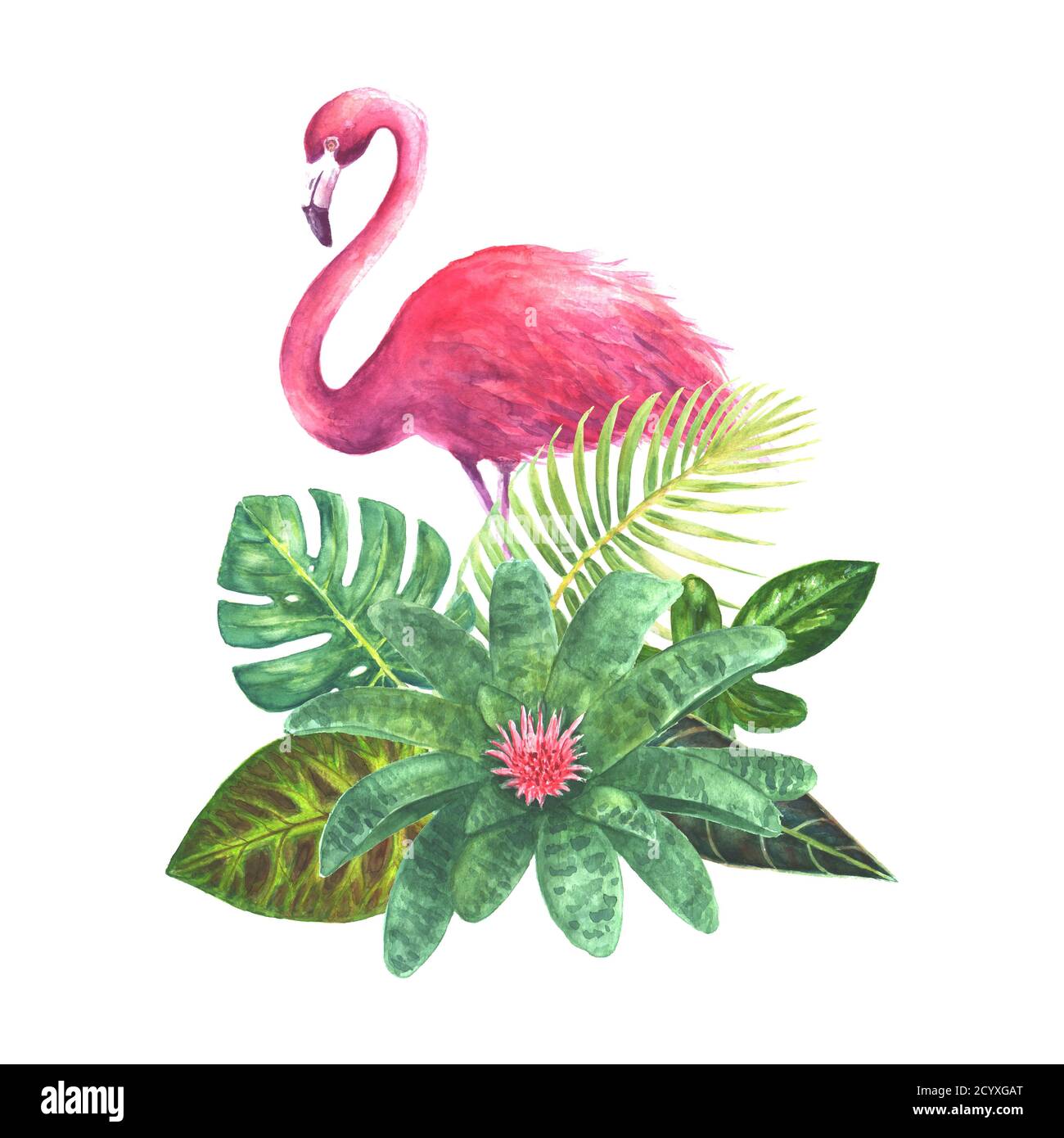 Exotic bouquet with pink flamingo, bright green tropical leaves and ...