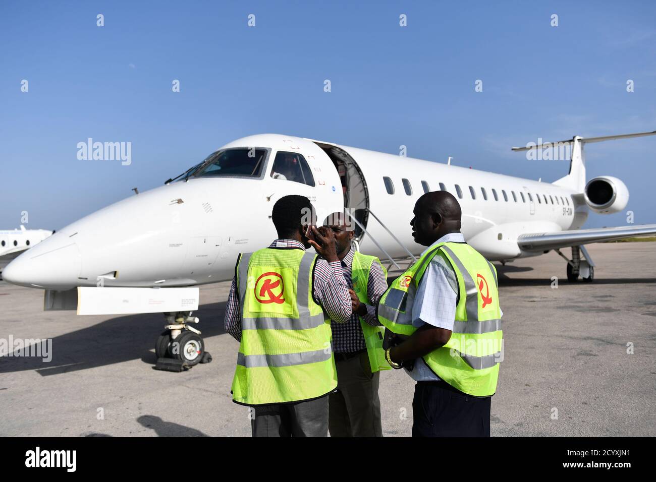 Kenya Airways operators conduct a test flight to Mogadishu's Adan Adde ...