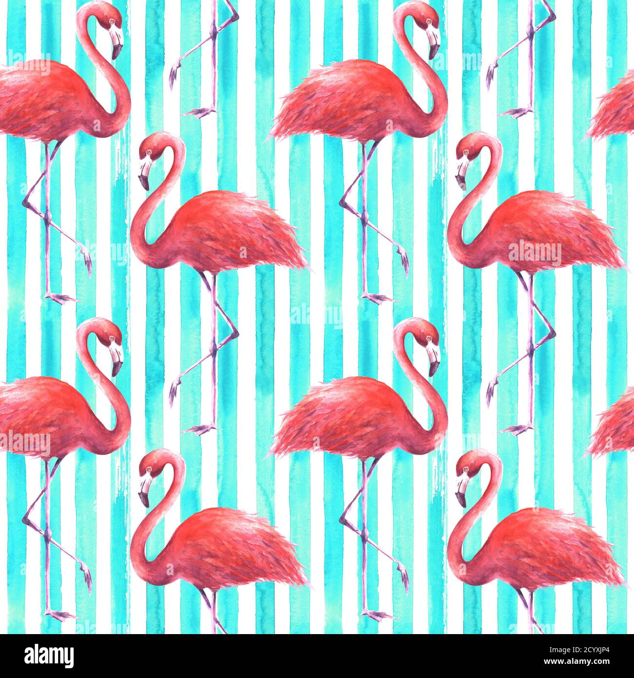 Tropical exotic pink flamingos on vertical striped teal and white ...