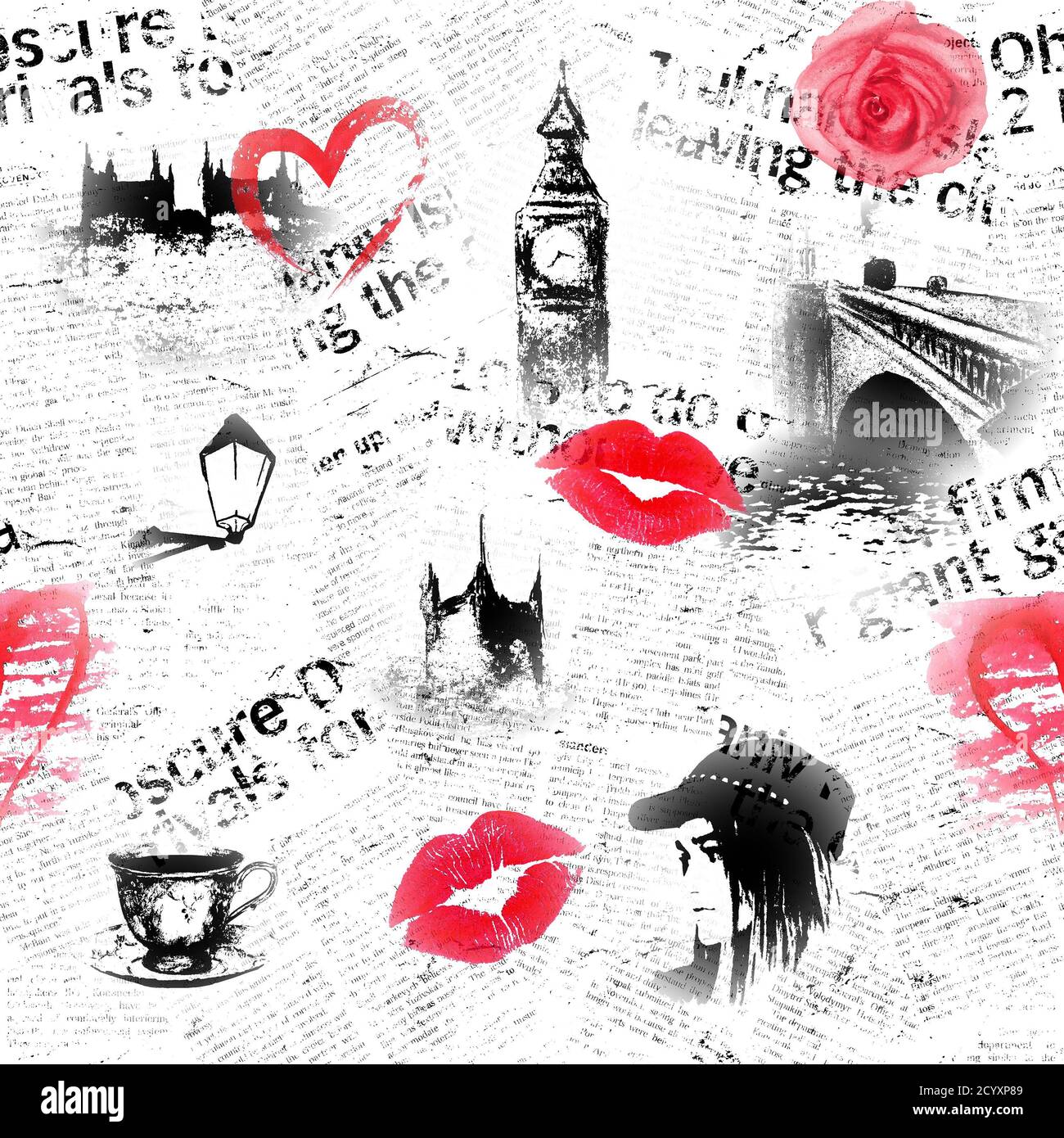 Black white and red London city grunge background. Seamless pattern ...