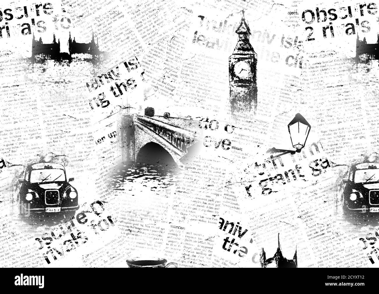Black and white newspaper London background. Texture with hand drawn ...