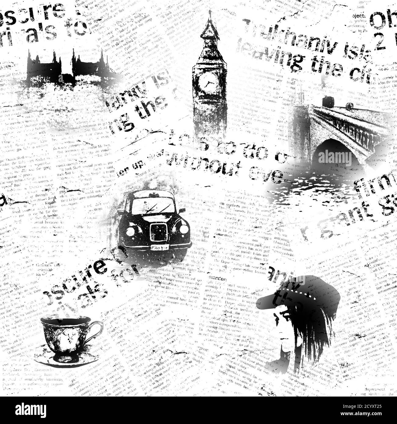 Black and white newspaper London grunge background. Seamless texture ...
