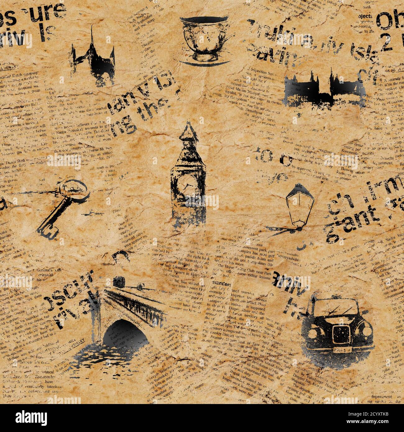 Vintage beige newspaper London grunge background. Seamless texture with ...