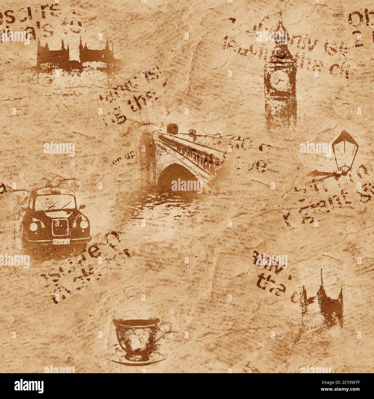 Vintage beige newspaper London background. Seamless texture with hand ...