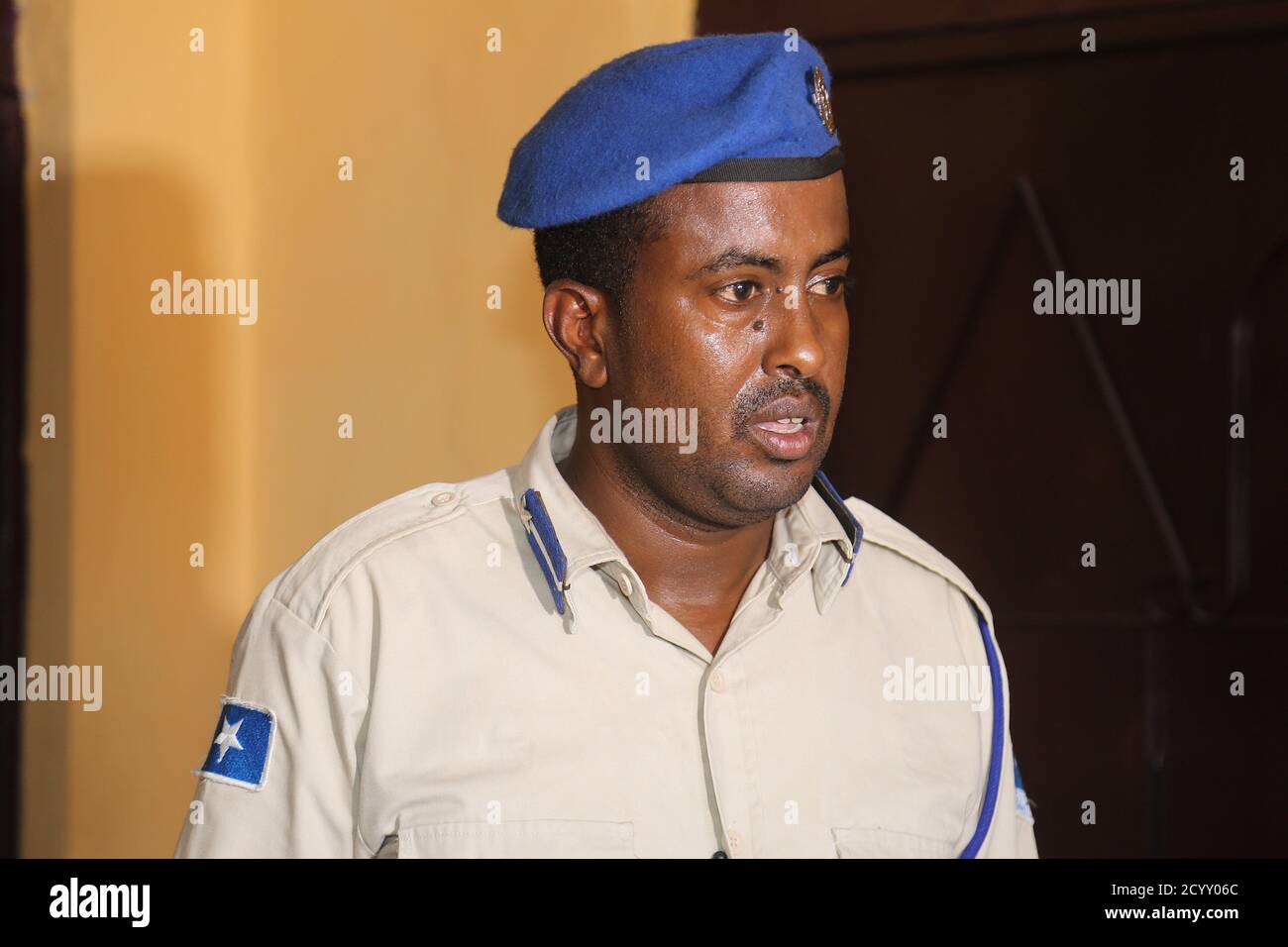 Major Mohamed Maow Halane, Beledweyne Police Commissioner, speaks at a ...