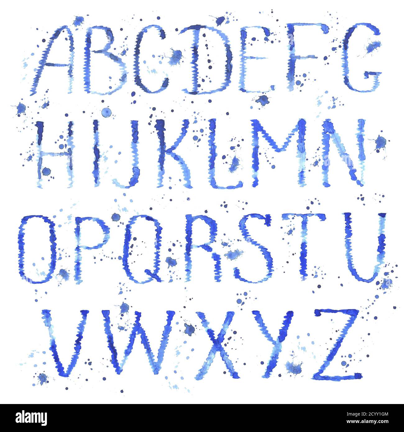 Blue alphabet. Watercolour hand drawn english alphabet letters with ...