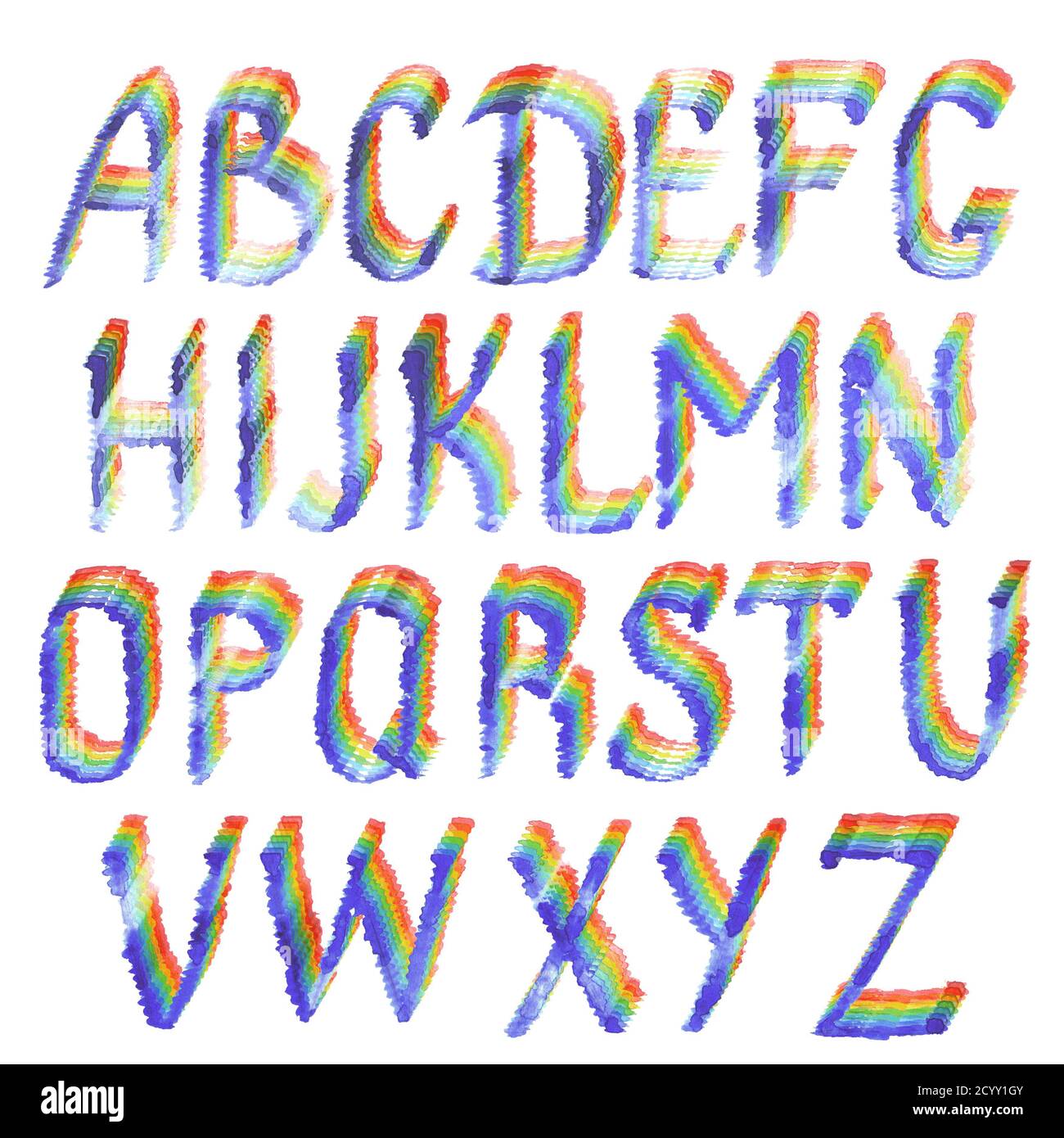 Rainbow alphabet. Watercolour hand drawn purple, blue, light blue ...
