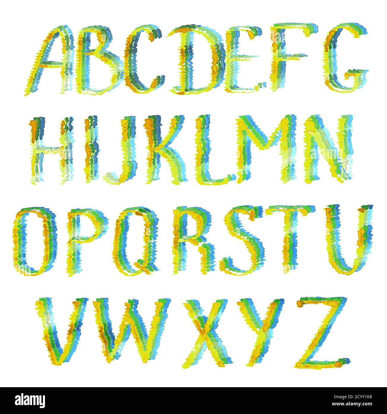 Colorful alphabet. Watercolour hand drawn turquoise, green, yellow and ...