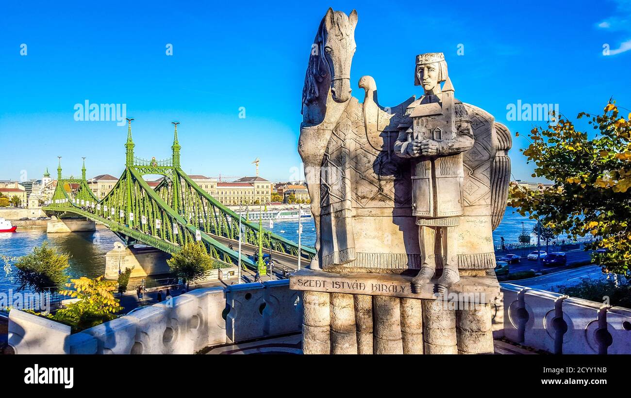 Statue of King Stephen I of Hungary with a horse on Gellert Hill, view ...