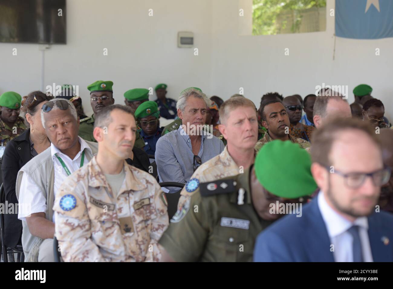 Mourners gather at the AMISOM Base in Mogadishu, Somalia, on March 16 ...
