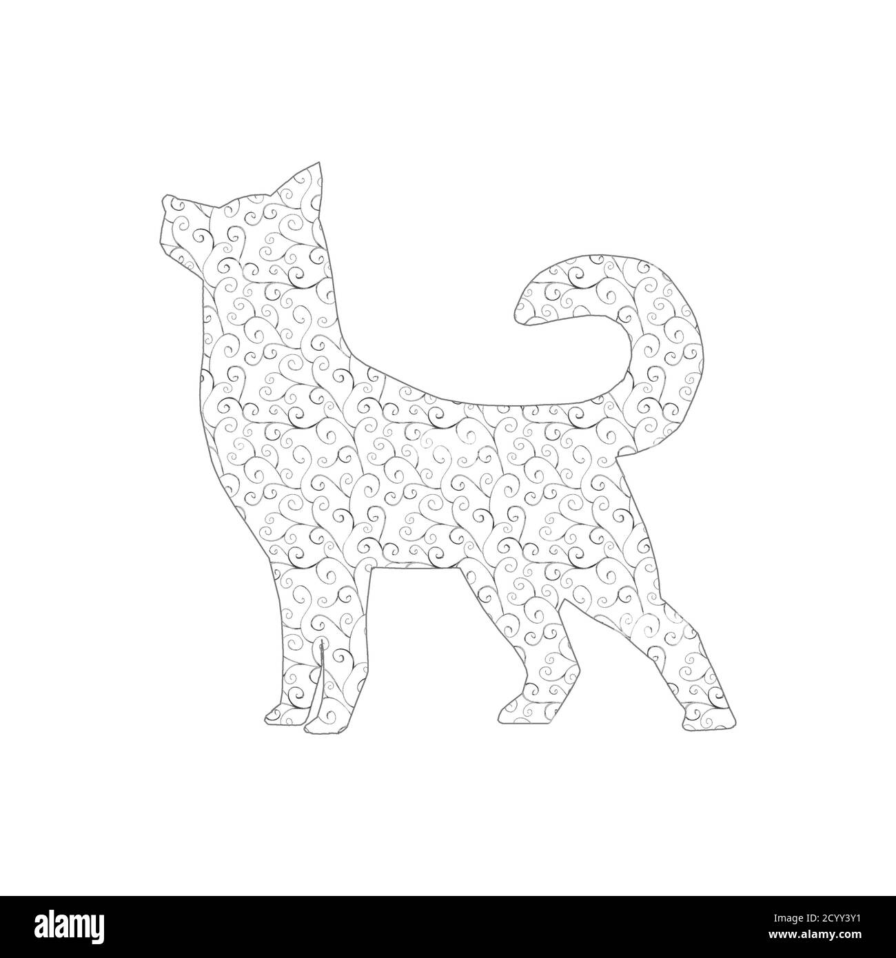 Hand drawn silver dog in oriental style isolated on white background ...