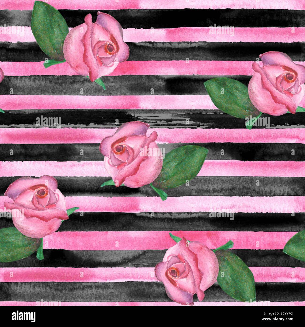 Watercolor hand drawn horizontal seamless pattern with pink and black ...