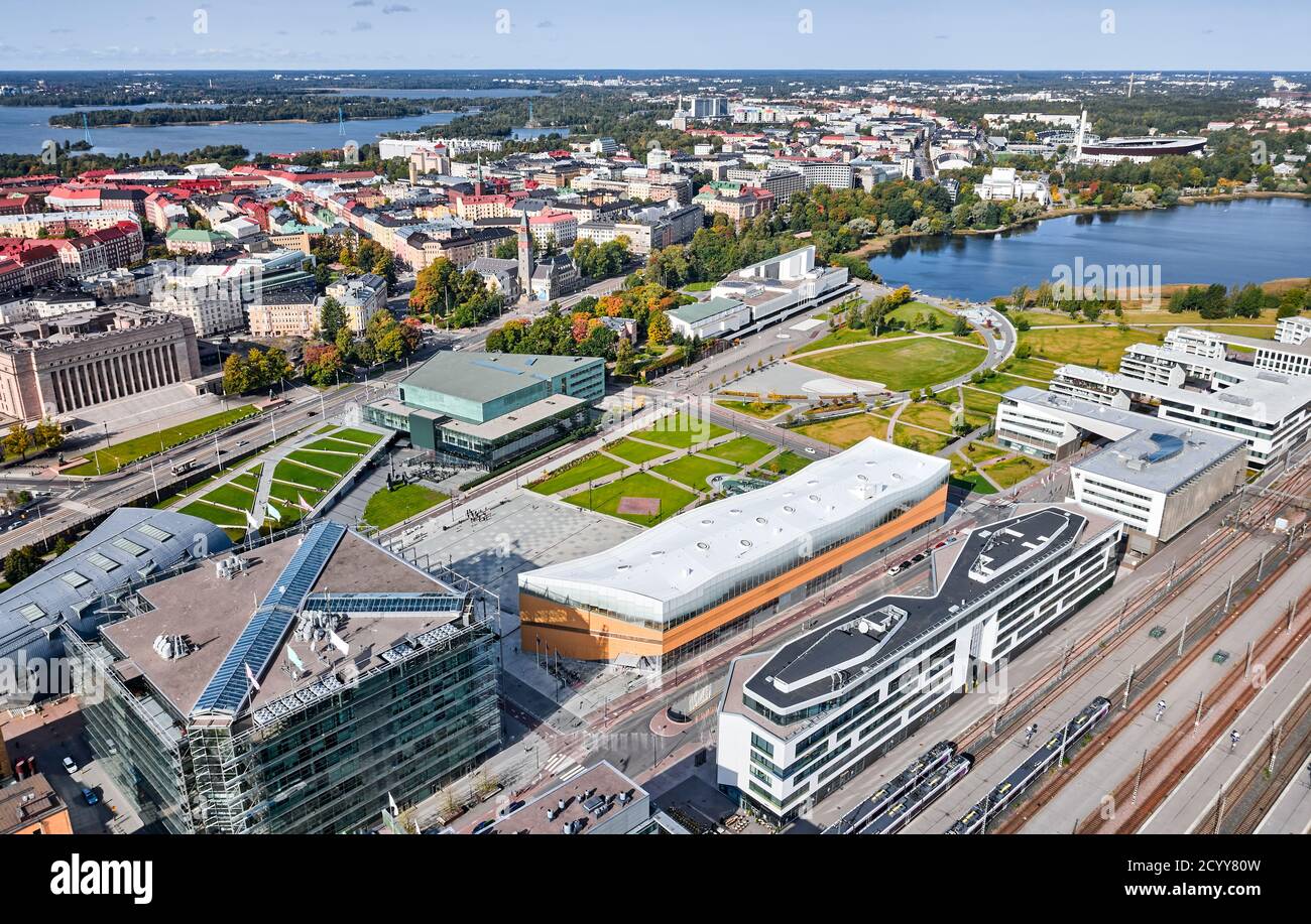 Aerial view of the autumn Helsinki cityscape. Landmarks on the picture ...