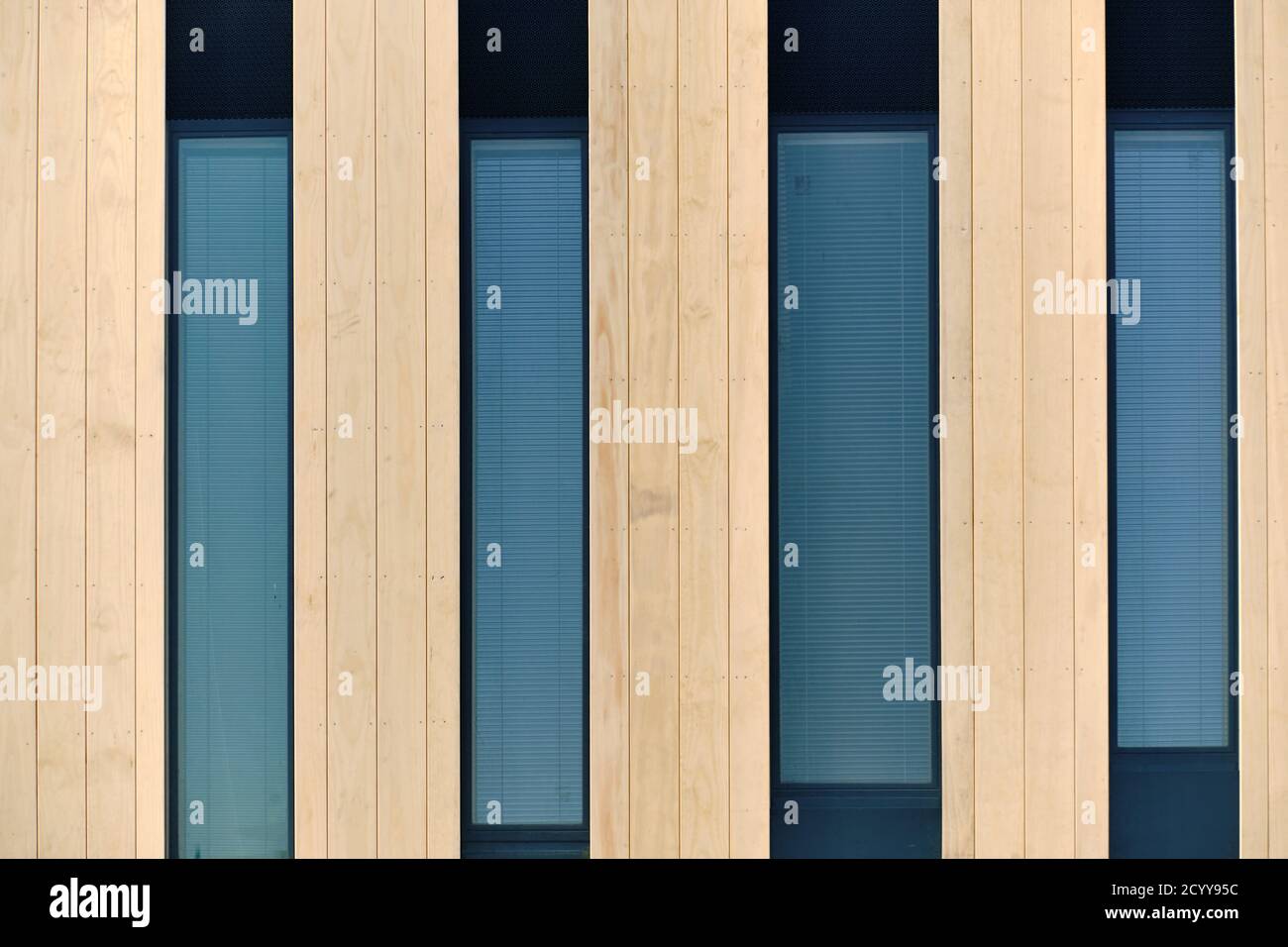 The wooden facade with vertical windows of the modern office building ...