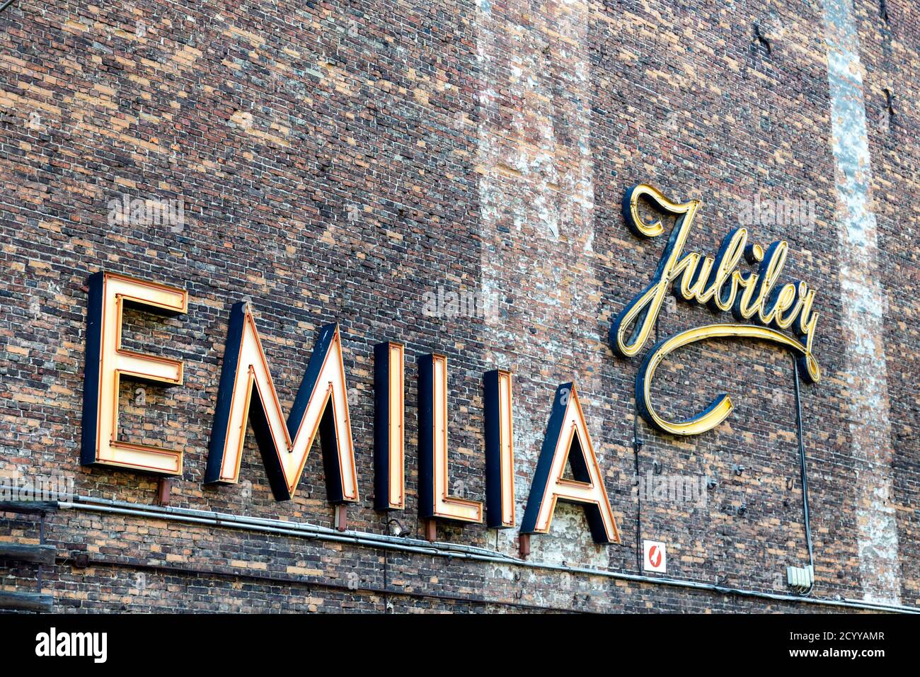 Retro 60s neon signa on a wall in Soho Factory in the Praga district of ...