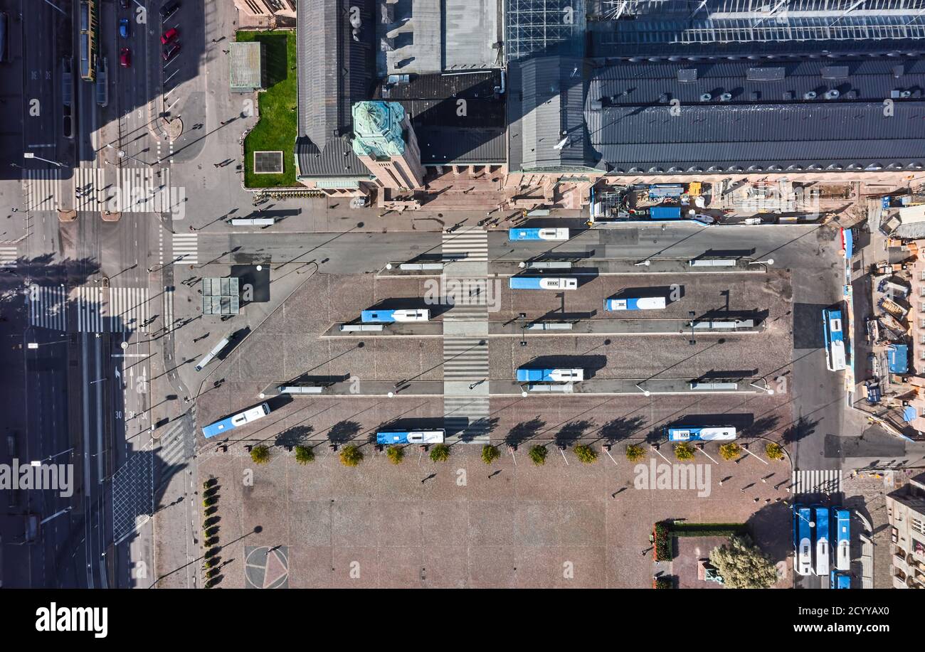 Aerial view of the city bus station near the Helsinki Central Railway ...