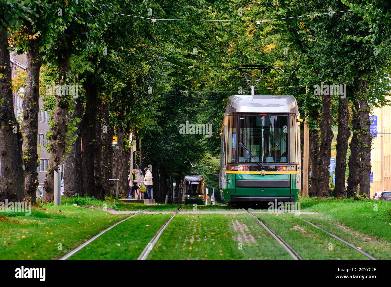 Modern tramway green grass hi-res stock photography and images - Alamy