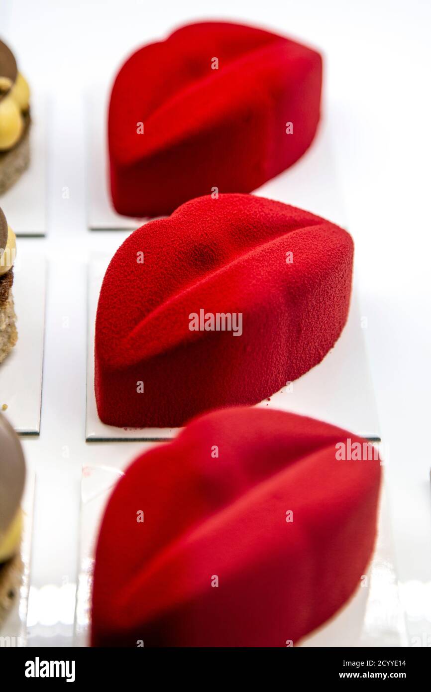 Lip shaped vanilla mousse with raspberry jeppy, rose and lychee at ...