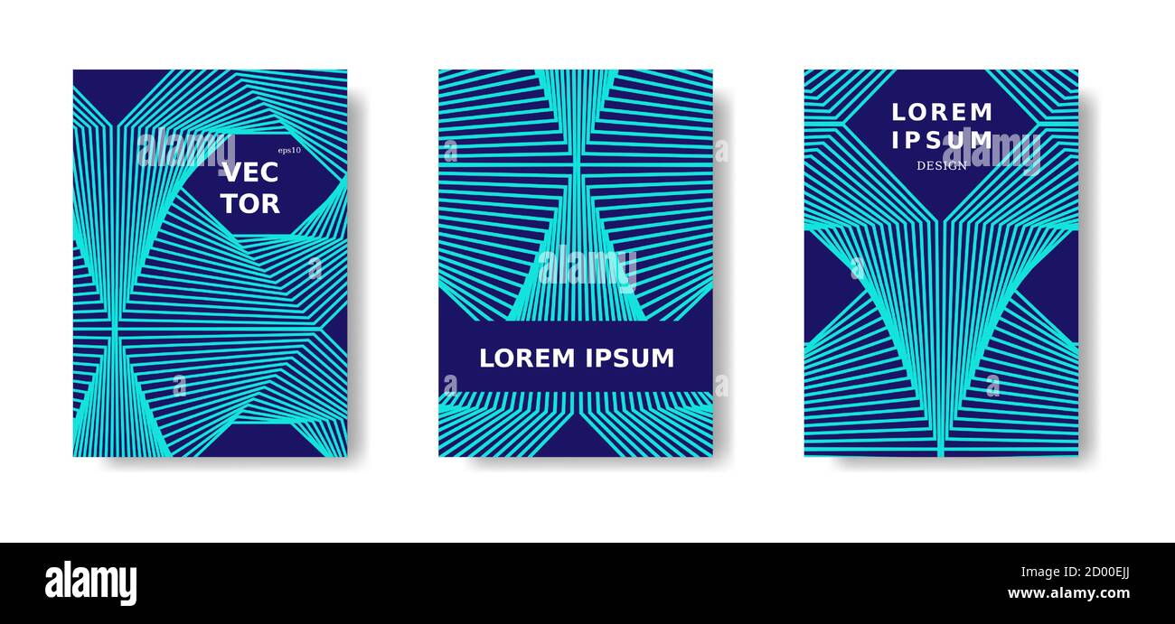 Blue and neon cover design with lines. Minimal geometric poster set ...