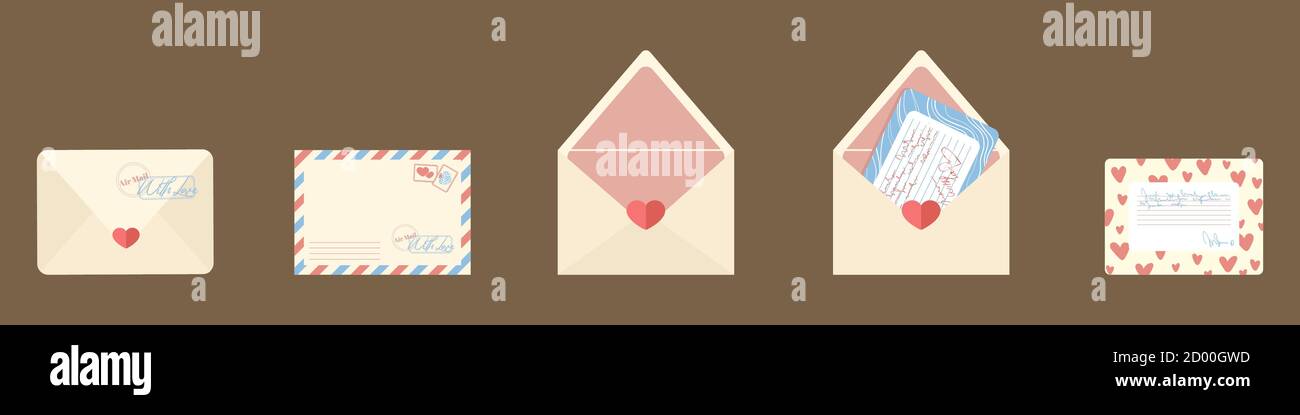 Post card and envelope set. Isolated hand-drawn postal cards and ...