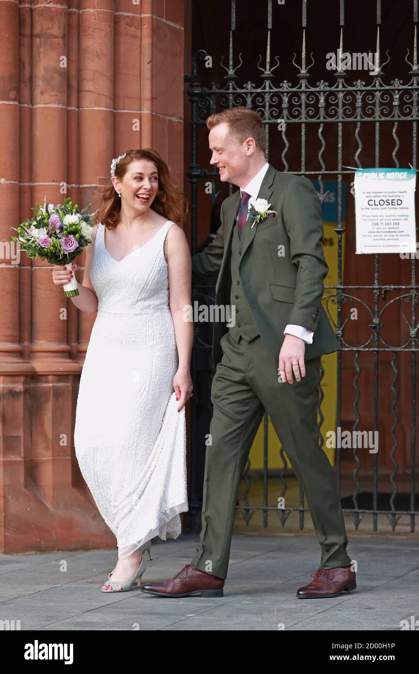 Laura Dunseath and Gavin Maclure after their wedding at the Guildhall in Derry, which is ...