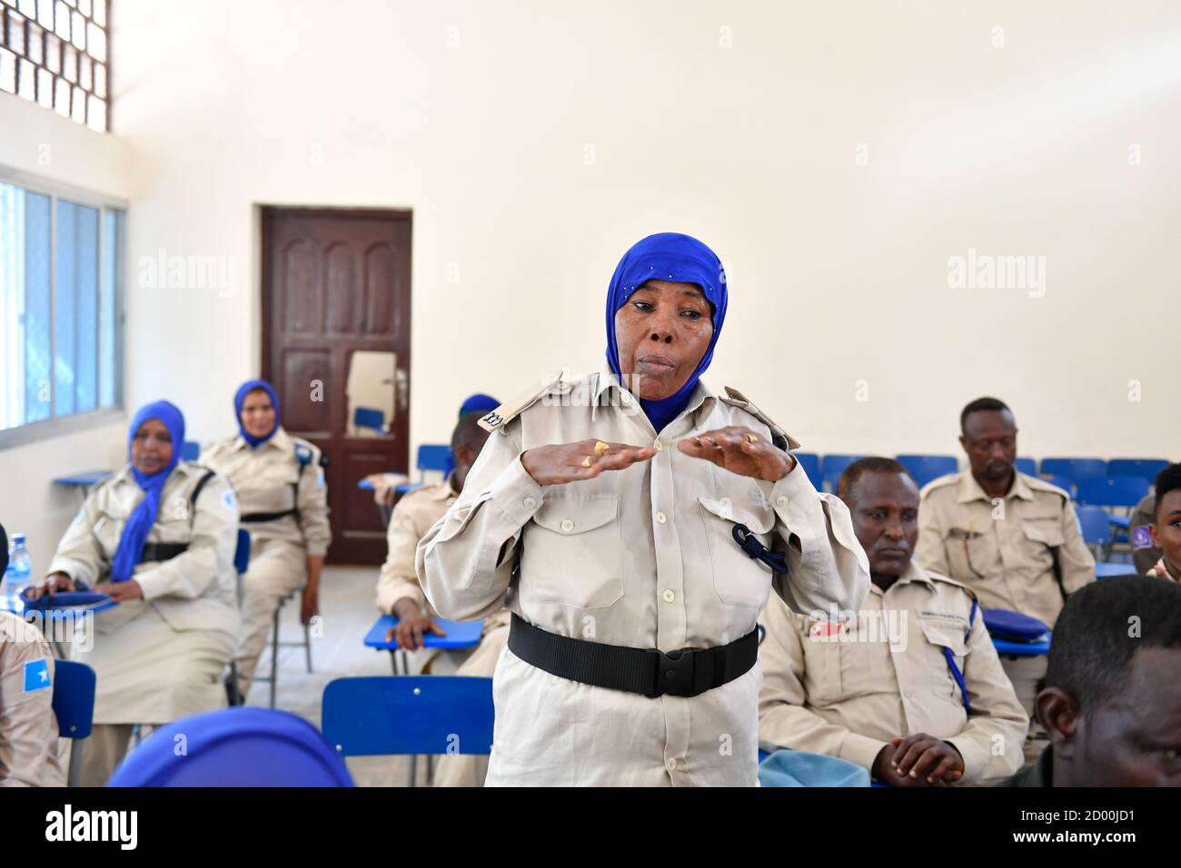A Somali police officer delivers remarks during a capacity building ...