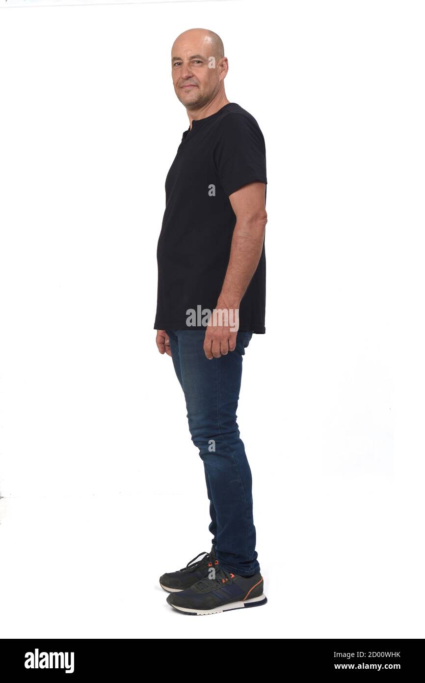 full portrait of a man side view and looking at camera on white ...