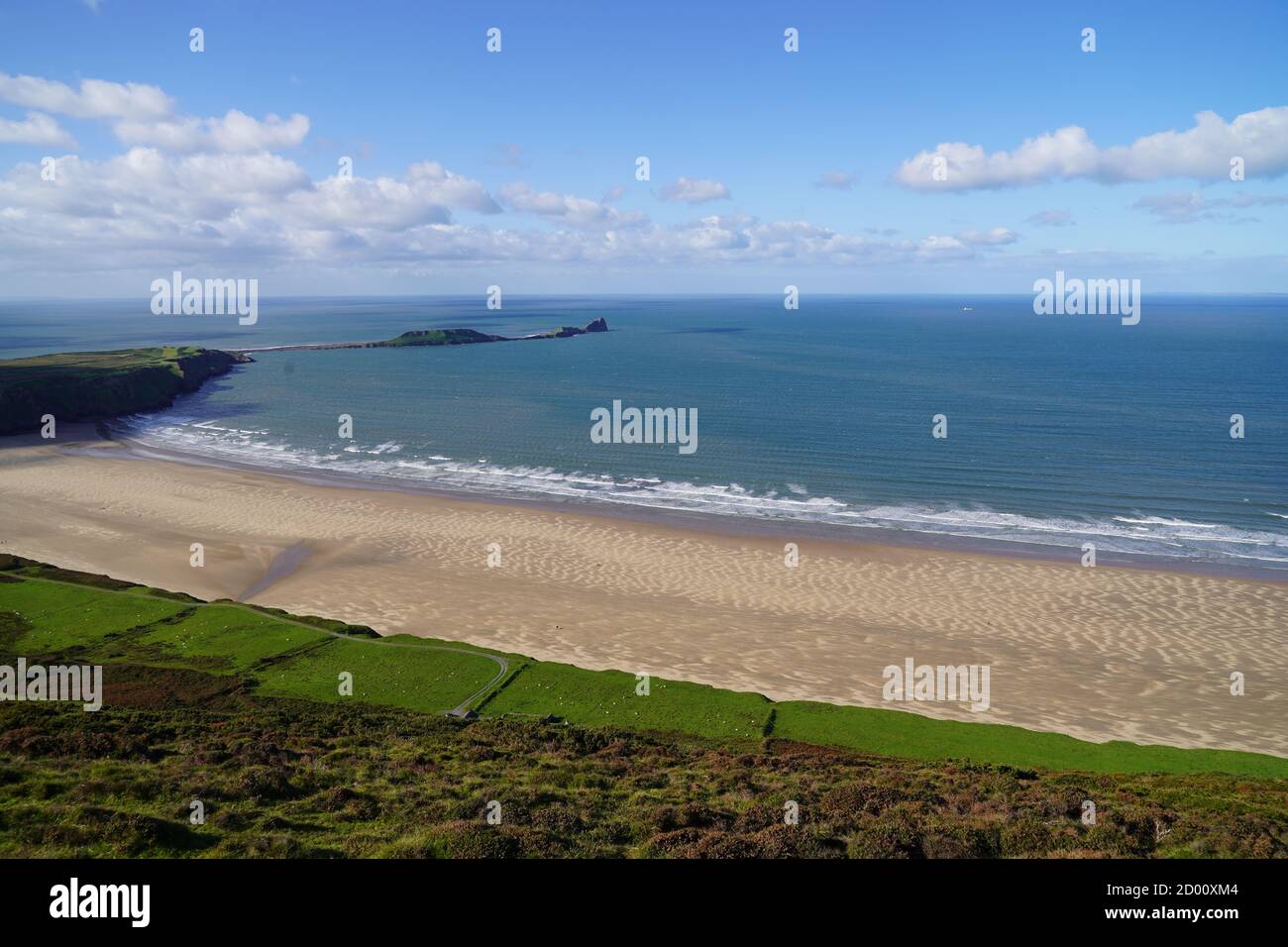 Gower Peninsular Rhossilli Bay Panoramic with Green Hills surrounding ...