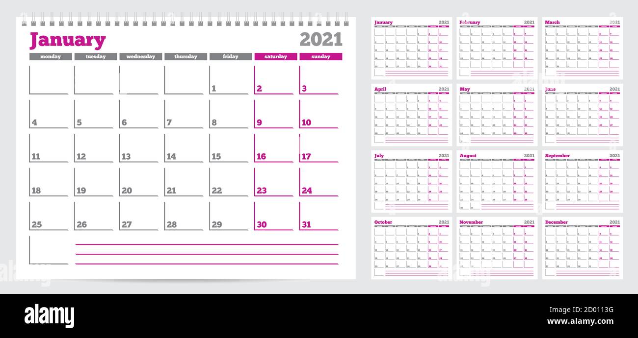 Calendar planner template 2021. Week start from Monday. Set of 12 ...