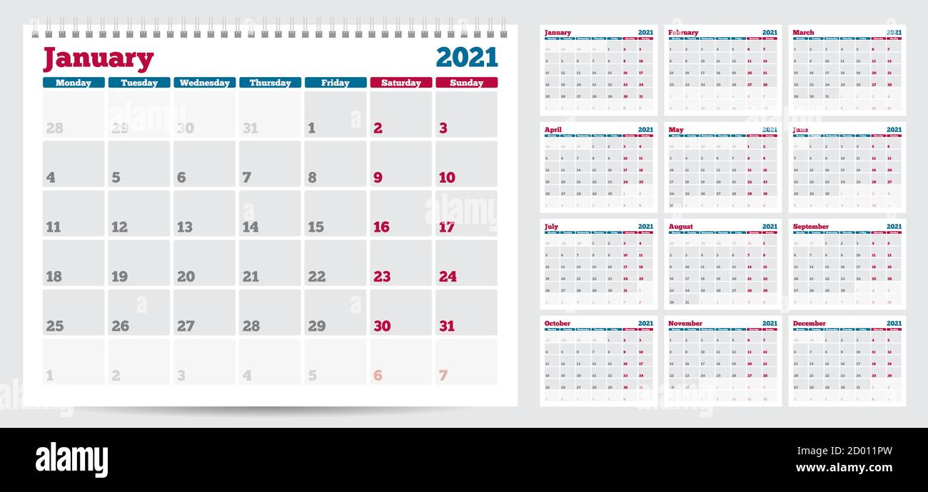 Calendar planner template 2021. Week start from Monday. Set of 12 ...