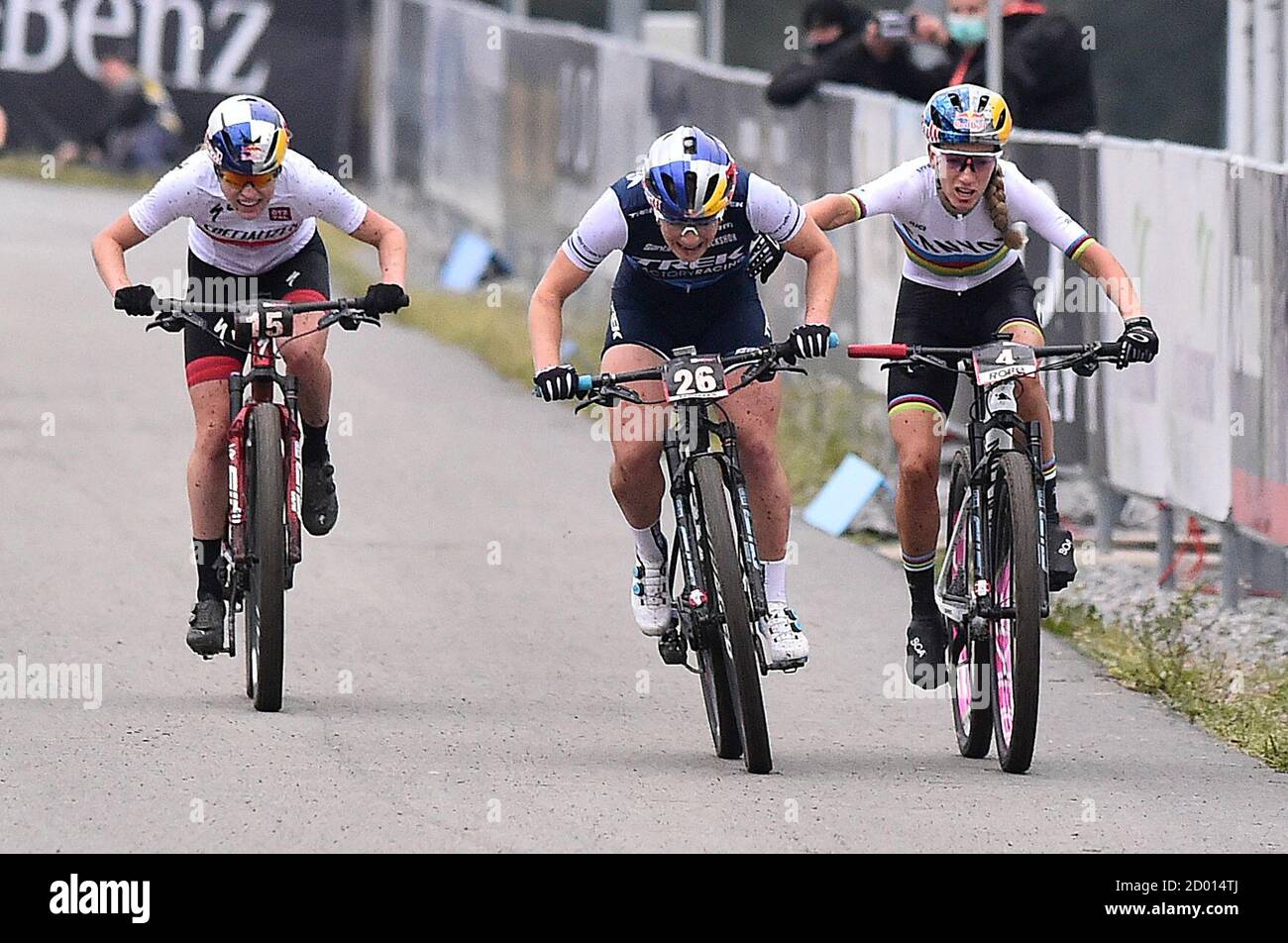L-R Laura Stigger from Austria, winner Evie Richards from Britain and ...