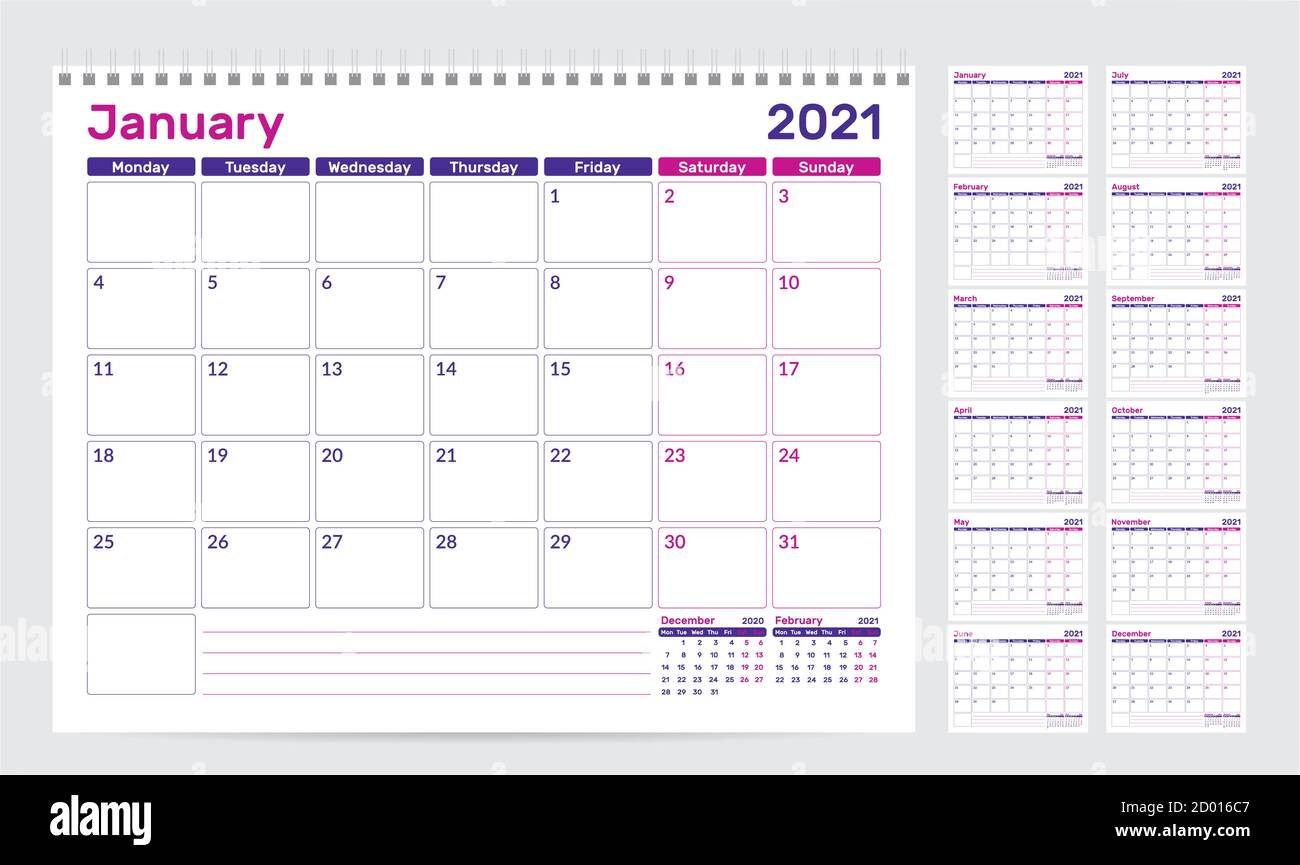 Calendar 2021. Week start from Monday. Set of 12 Months. Ready for ...