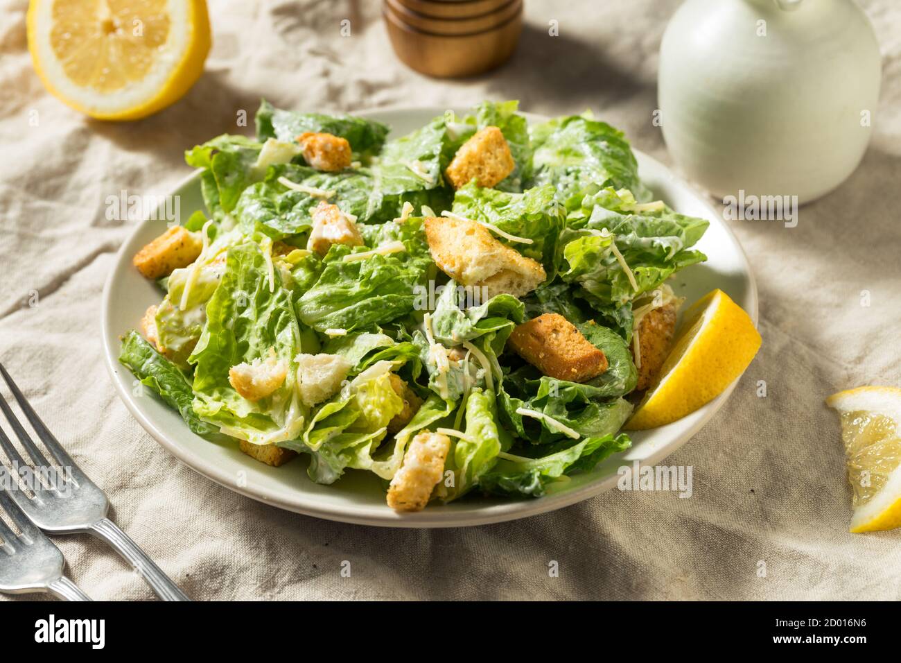 Homemade Healthy Romaine Caesar Salad with Dressing and Croutons Stock ...