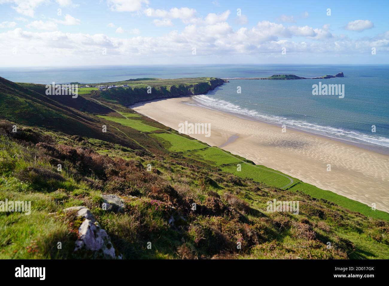 Gower Peninsular Rhossilli Bay Panoramic with Green Hills surrounding ...