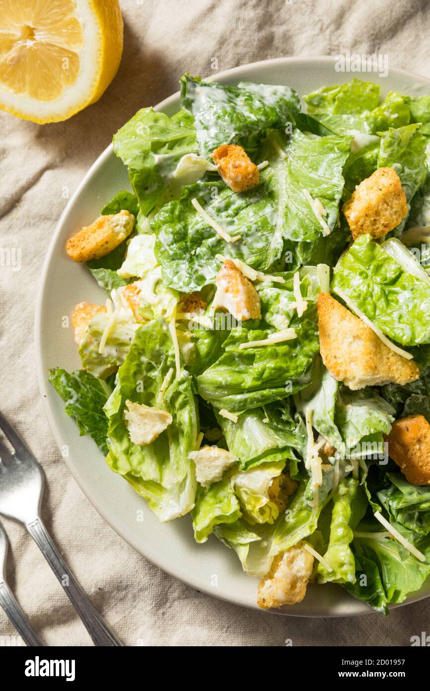 Homemade Healthy Romaine Caesar Salad with Dressing and Croutons Stock ...